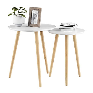 Nesting Side Tables - Set of 2 Round End Tables for Living Room, Bedroom, or Home Office - Accent Table Set - Mid-Century Modern Living Room Furniture by Lavish Home (White/Natural)