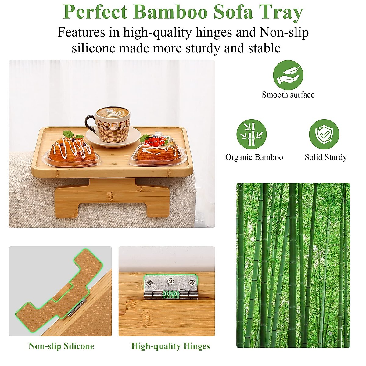 Couch Arm Table Tray, Bamboo Sofa Arm Clip on Tray Tables, Arm Rest Table for Home, Couch Arm Tray for Small Spaces Drink Eating Dinner Table
