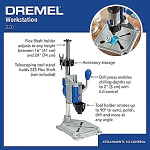 Dremel Drill Press Rotary Tool Workstation Stand with Wrench- 220-01- Mini Portable Press- Holder- 2 Inch Depth- Ideal for Drilling Perpendicular and Angled Holes- Table Top , Silver