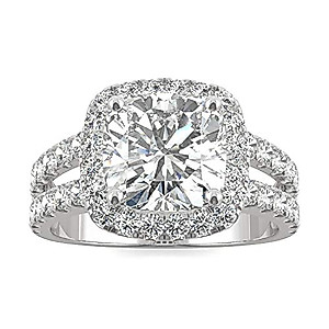 Charles & Colvard Created Moissanite 9mm Cushion Cut Engagement Ring for Women | 4.24 cttw DEW | Lab Grown | Solid 14K White Gold with Rhodium | Size 7.5