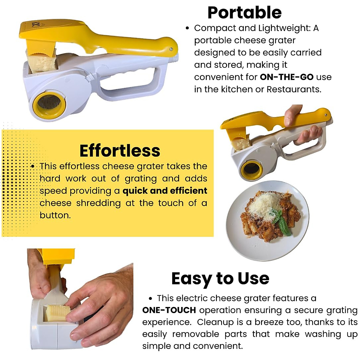 Electric Cheese Grater - Portable, Effortless, Battery Operated, Rechargeable, Cordless | Handheld With Handle, Commercial Parmesan, Vegetable And Chocolate Slicer and Shredder Machine | Nuts Grinder