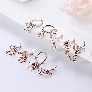 Jstyle 9Pcs 20G Dangle Nose Rings Studs Nose Ring Hoops for Women 316L Surgical Steel L Shaped Nose Studs Nose Piercing Jewerly Heart Butterfly Flower CZ Dangling Hoop Nose Rings Women Rose Gold Tone