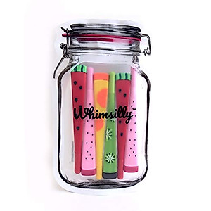 Fruit Shaped Pens Set of 6 and Reusable Mason Jar Pouch, Silky Smooth Fine Tip Black Gel Ink Pens, Quality Molded Silicone Creates Whimsical Stationary for Office, School or Gift (1 Pack)