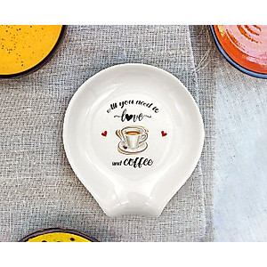 WHING Farmhouse Kitchen White Ceramic Coffee Tea Spoon Rest Holder, All We Need Is Love and Coffee - Coffee Station Decor Gift for Coffee Lovers Girlfriend Wife Husband Anniversary Friends