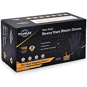 TITANflex Thor Grip Heavy Duty Black Industrial Nitrile Gloves, 8-mil, XL, Box of 100, Latex Free, Raised Diamond Texture, Powder Free, Food Safe, Rubber Gloves, Mechanic Gloves