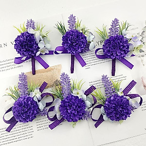 Ciandid Purple Hydrangea Wrist Corsage and Boutonniere set for Wedding Set of 6, 3PCS Groom Groomsman Boutonnieres & 3PCS Bride Bridesmaid Wrist Corsages Wristlet Band Bracelet Flower for Wedding Prom