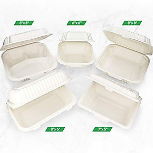 HeloGreen Eco Friendly 3 Compartment 100 Count 8"x8" To Go Food Containers - To Go Containers Disposable, Take Out Food Containers, To Go Boxes for Food, Clamshell Food Container, Heavy Duty To Go Box