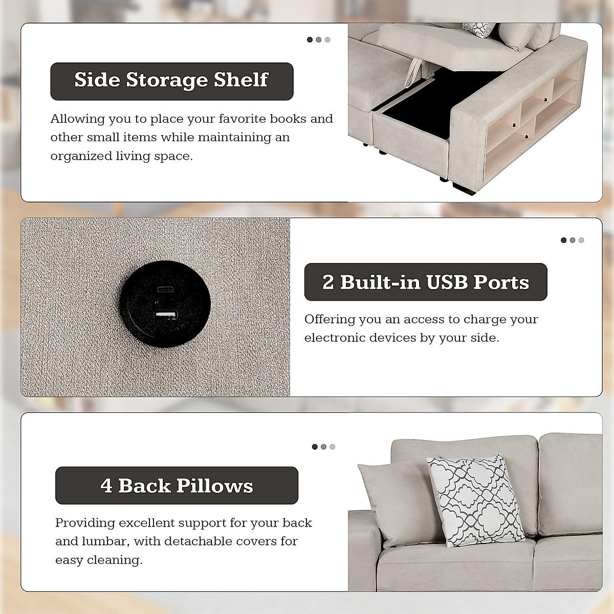 Merax L-Shaped Pull-Out Sleeper Sofa Bed with 2 USB Ports, Chenille U-Shaped Sectional Sofa with 4 Back Pillows, a Storage Chaise Lounge for Living Room (Beige)