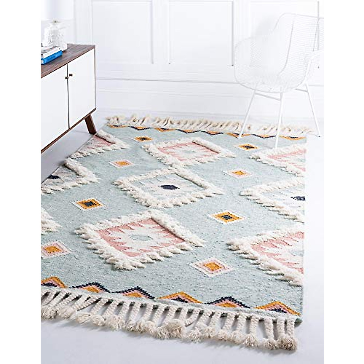 Unique Loom Mesa Collection Geometric, Natural Fibers, Southwestern, Bohemian Area Rug, 3' 3" x 5' 1" Rectangle, Light Aqua/Ivory