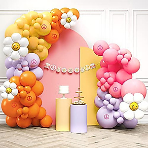 HOUSE OF PARTY Hippie Balloon Garland - 140 Pcs Hippie Party Decorations with Peace Sign, Groovy Balloon Arch Pink, Yellow Orange Flower Spring Balloons for Easter Party Decorations