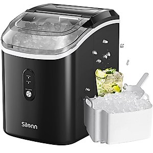 Nugget Countertop Sonic Ice Maker for Home Kitchen Office - Silonn Chewable Pellet Ice Machine with Self-Cleaning Function, 33lbs/24H, Black