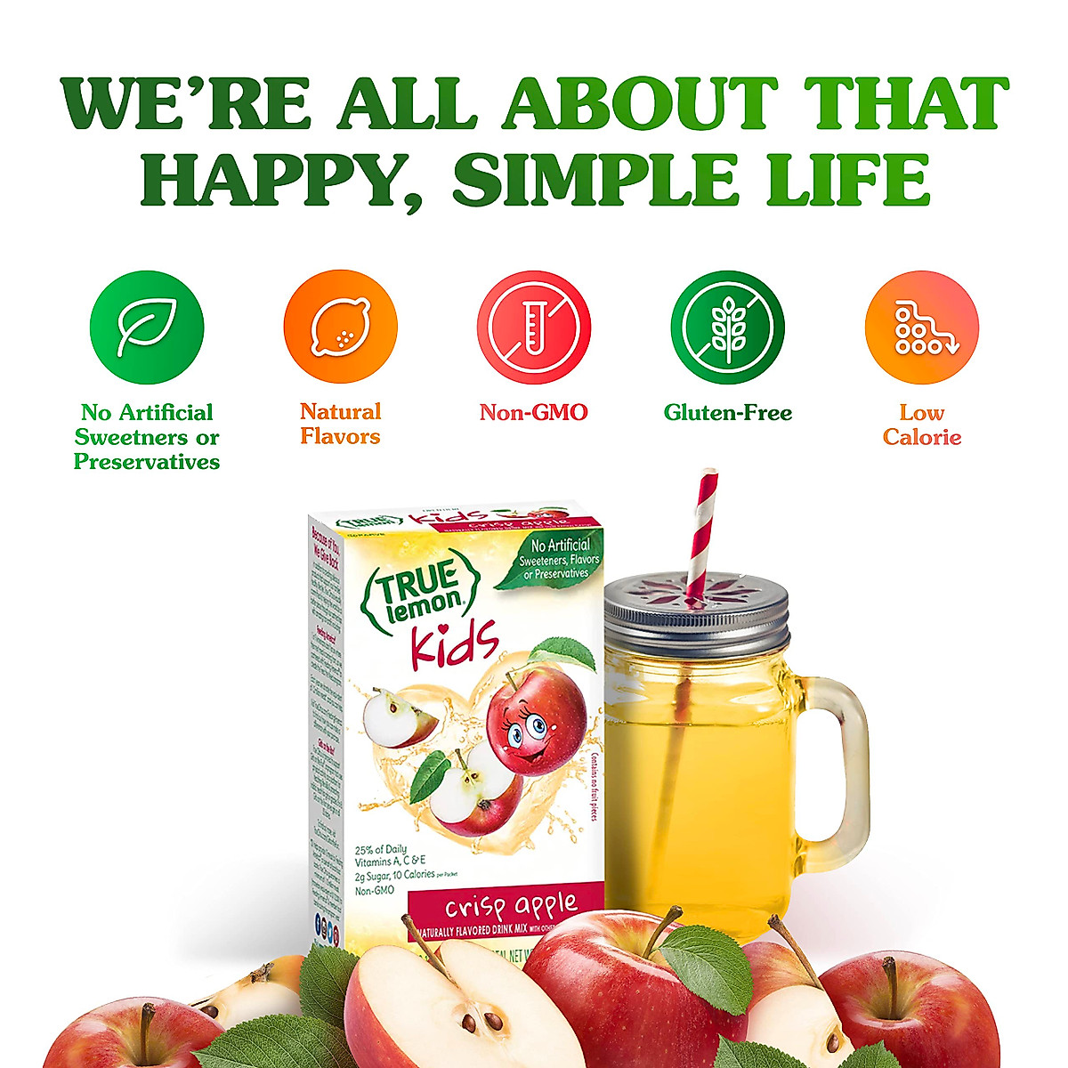 TRUE LEMON KIDS Crisp Apple (10 Packets) - Hydration, No Preservatives, No Artificial Flavors, No Sweeteners - Low Sugar Water Flavoring - Juice Powdered Drink Mix for Kids