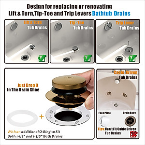 Gold Universal Tub Drain Tip Toe Tub Conversion Kit Assembly, Artiwell EZ Installation Bathtub Drain Replacement Trim Kit with 1-Hole Overflow Face Plate and Pop-Up Tub Stopper,Brushed Gold