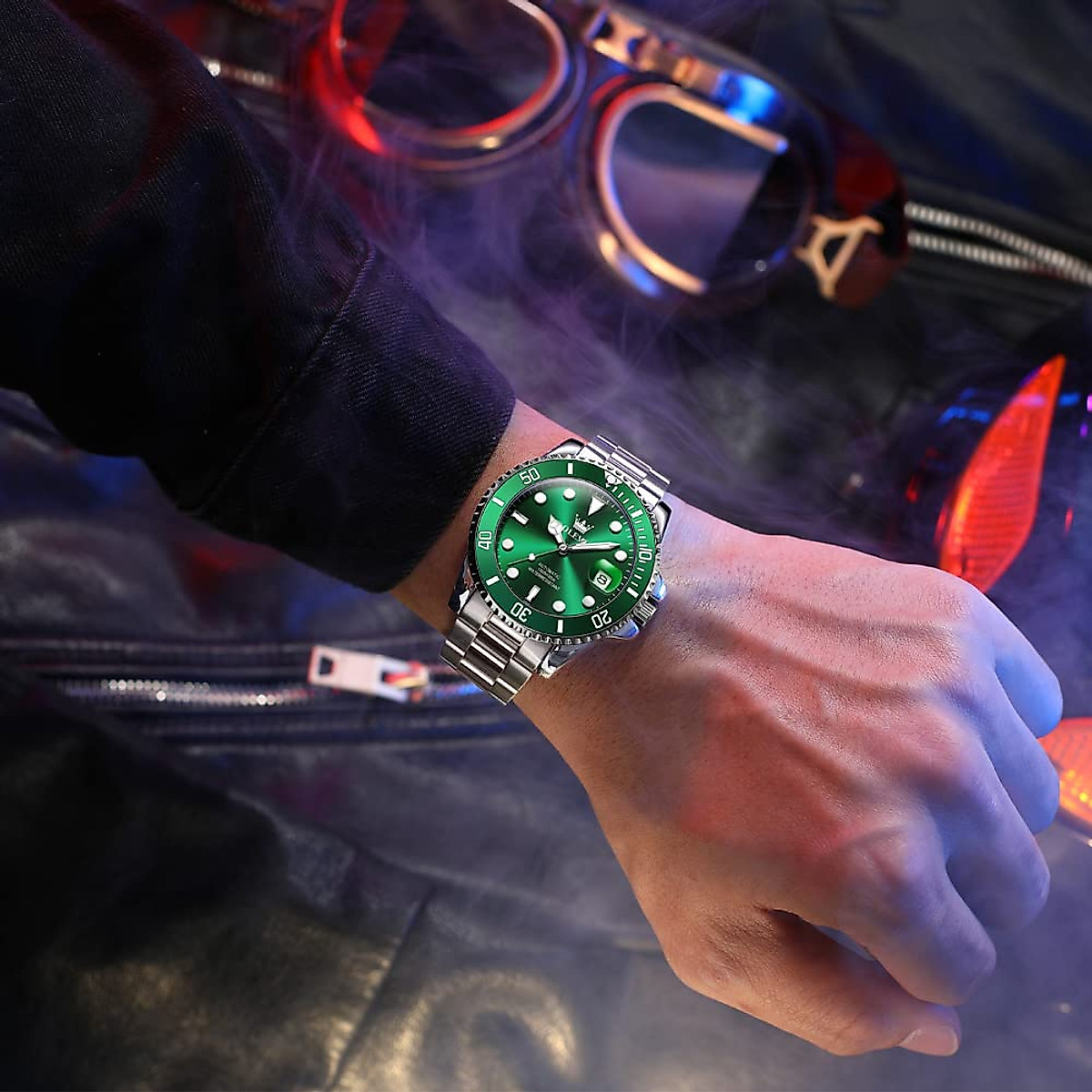 OLEVS Men Automatic Watches Green Watches for Men Self Winding No Battery Waterproof Mens Watches Pro Divers Two Tone Men's Wrist Watches, Reloj para Hombre