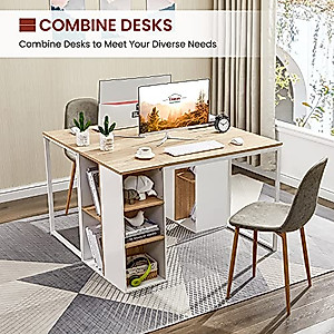 Computer Desk with Storage Shelves 47” White Office Desk with Drawers Small Kids Writing Desk Student Study Table Modern Wood Pc Laptop Gaming Desk for Home Work, Splicing Oak with Metal Legs