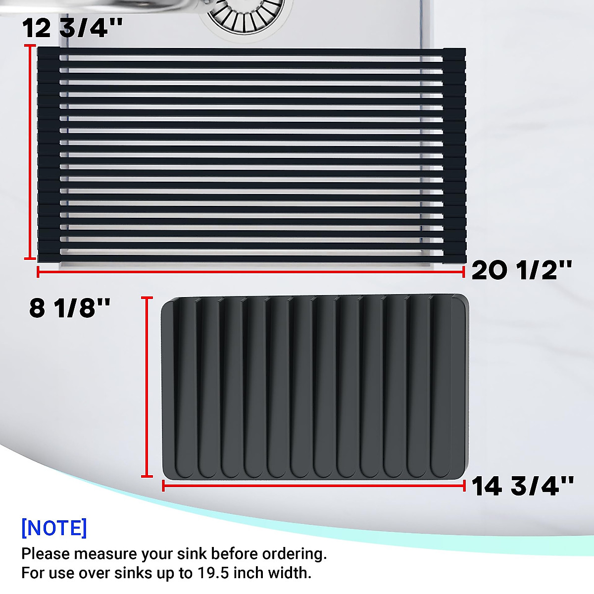 TRUSTAINLESS Combo Pack - Premium Multipurpose Black Silicone Extra Large 21 Inch Rolling Sink Rack and Drying Mat. Multipurpose Kitchen Accessory and Trivet