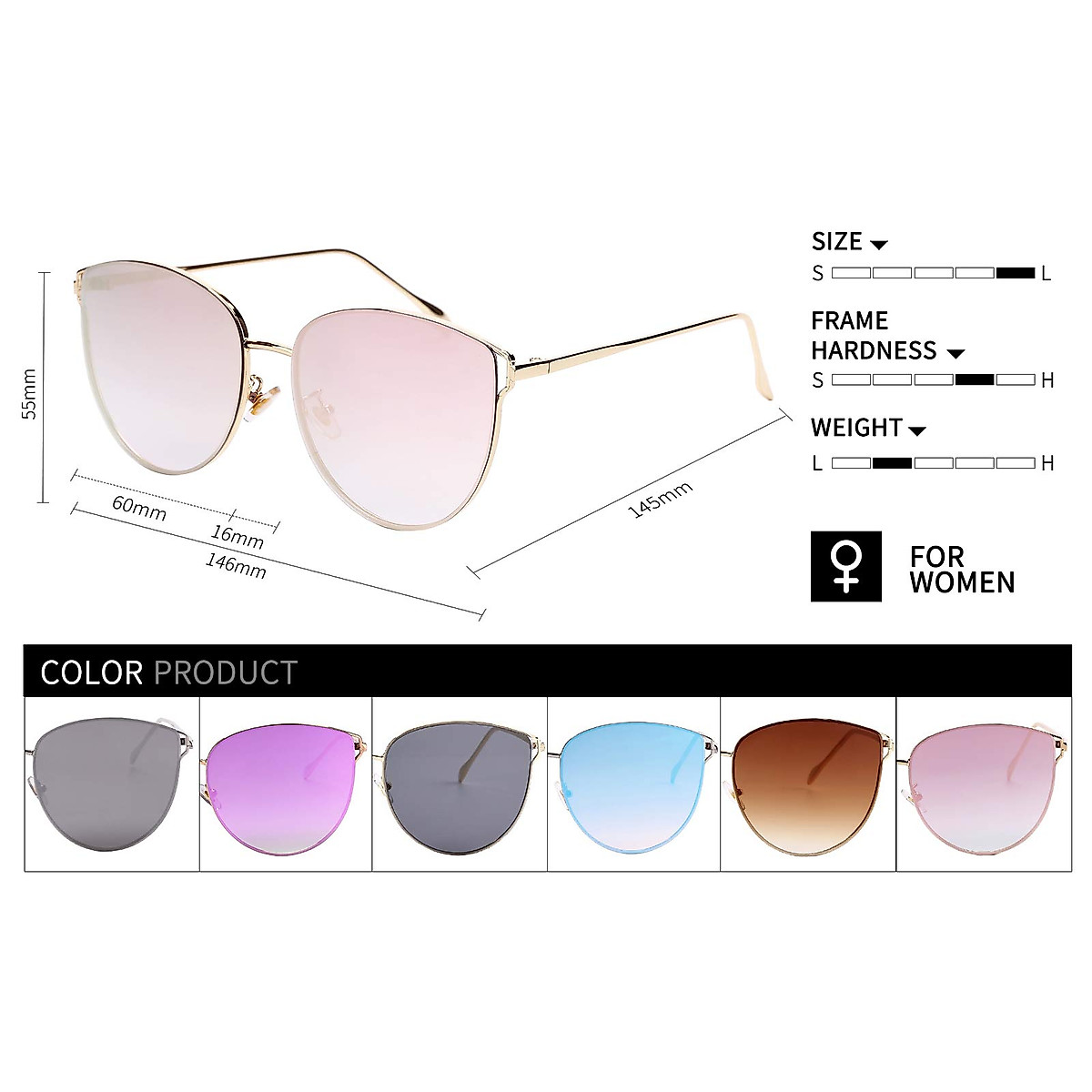 U.I STATION Oversized Mirrored Sunglasses for Women, Cat Eye Sunglasses, Rimless Sunglasses with Sunglasses Case (pink), Large