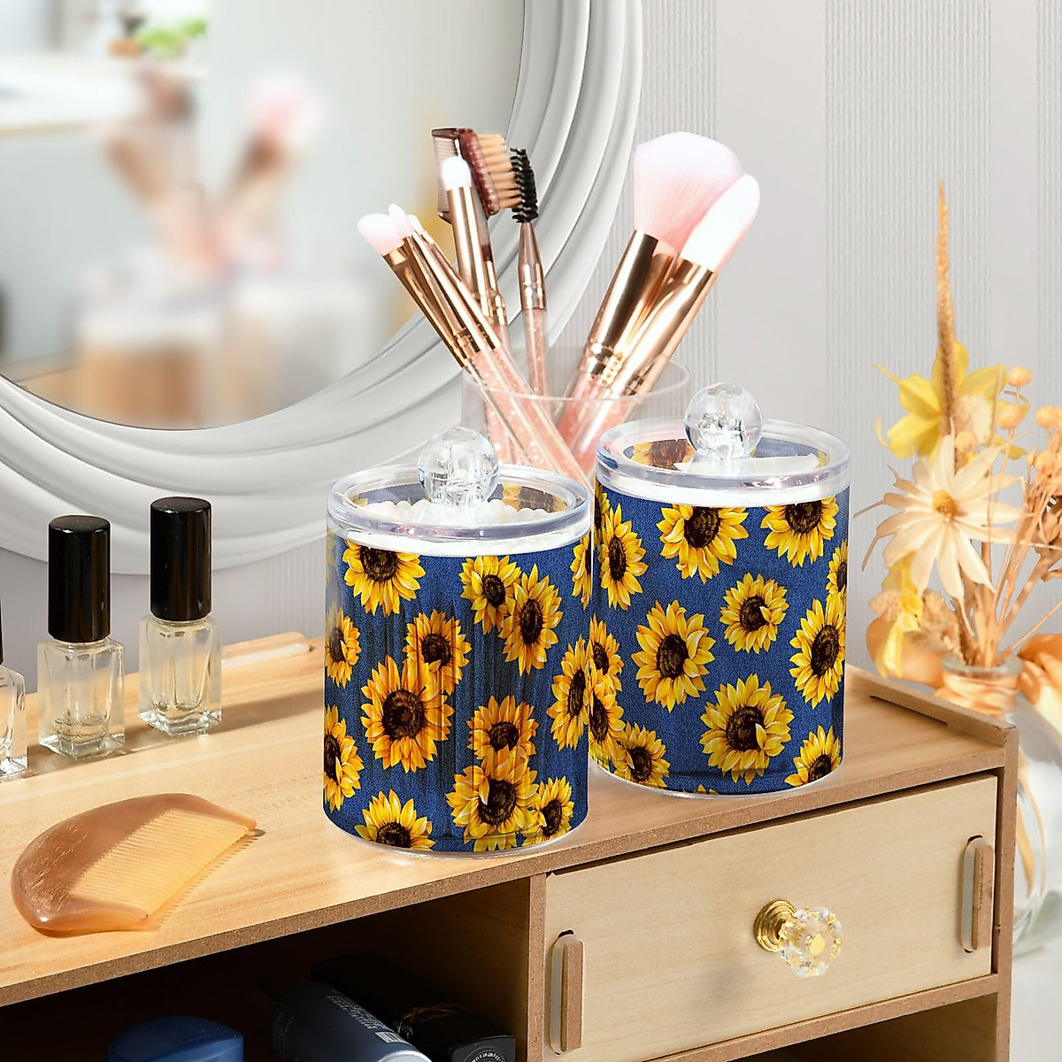 Yellow Sunflower Blue 2 Pack Qtip Holder Organizer Dispenser Plastic Bathroom Jars Storage Containers with Lids Clear Plastic Storage Jars for Bathroom Accessories