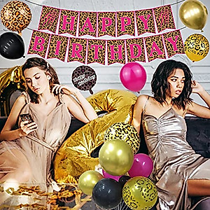Cheetah Birthday Decorations Set - Pink Leopard Print Party Decorations Cheetah Happy Birthday Banner Balloon Garland Cake Toppers Stickers for Girls Pink Cheetah Party Supplies,Safari Animal Party