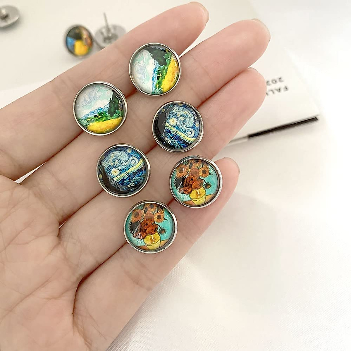 6 Pairs Van Gogh Painting Glass Ball Earrings Van Gogh Starry Sky Starry Night Sunflower Oil Painting Stud Earring Set for Women (Colours-6Pc)