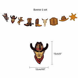 34Pcs Western Cowboy Theme Birthday Party Supplies and Decorations Western Cowboy Happy Birthday Banner,Latex Balloon, Cupcake Toppers, Set Anime Birthday Party Supplies for Kids Family