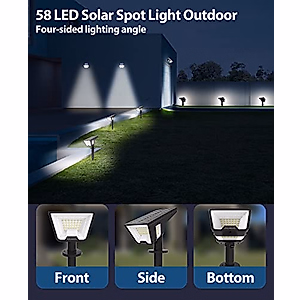 HAARAY Solar Spot Lights Outdoor 4 Sided Lighting Angle Landscape Lights, IP66 Waterproof, Auto On/Off, 3 Brightness Levels, 58 LED Solar Outdoot Lights for Yard Porch Garden, Cool White, 2 Pack