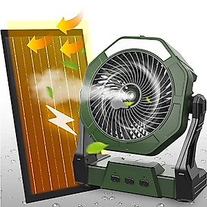 Ausic 10W Misting Solar Fan, 10000mAh Camping Fan Portable with Solar Panel & 250ml Water Tank, 8 Inch Battery Operated Rechargeable Cooling Fan with Hook, Outdoor Tent Fan for Travel (White)