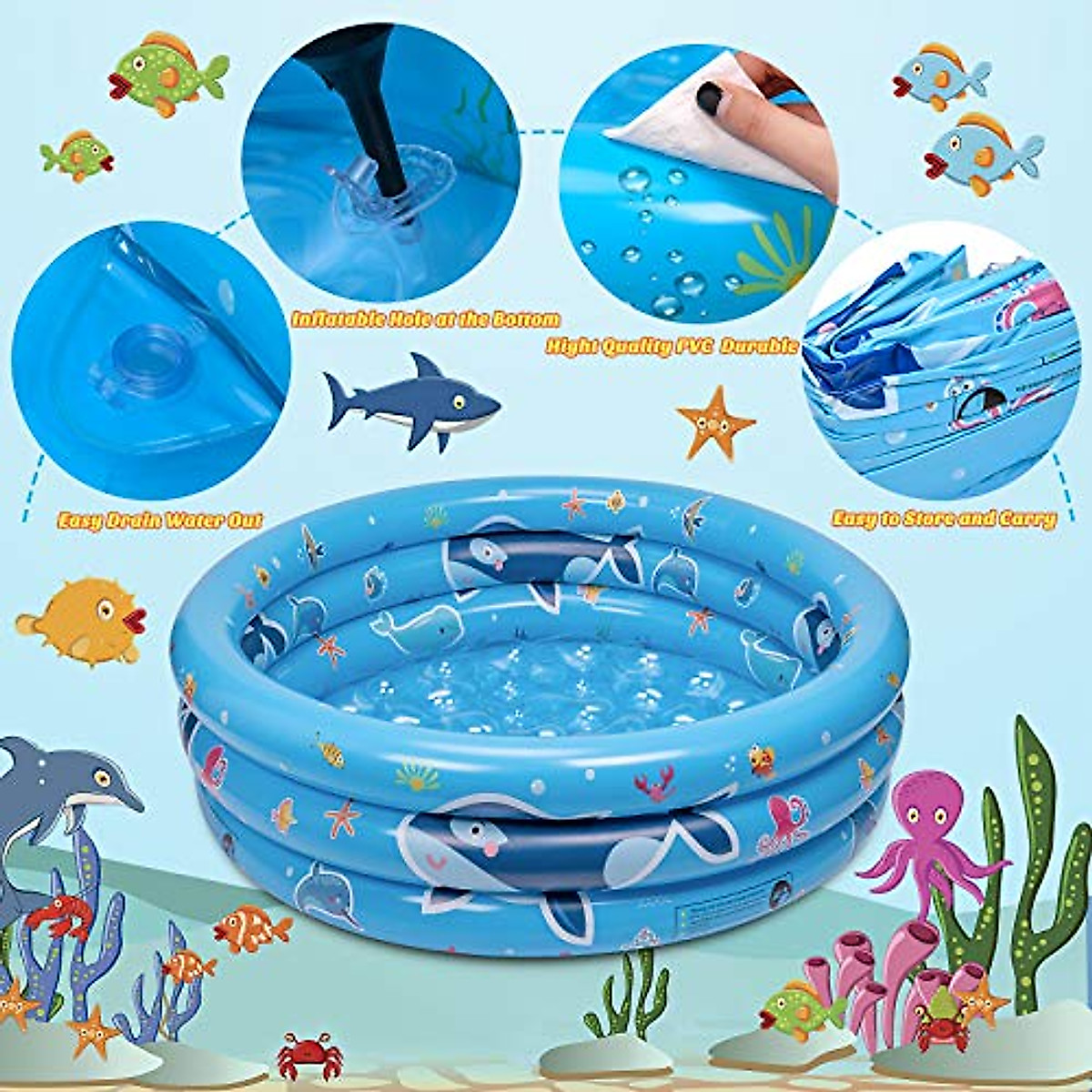 balnore Kiddie Pool for Toddlers - Whale Inflatable Kiddie Pools | Kids Pools for Backyard | 3 Ring Kiddie Pool/47x17 Indoor Outdoor Pool Party