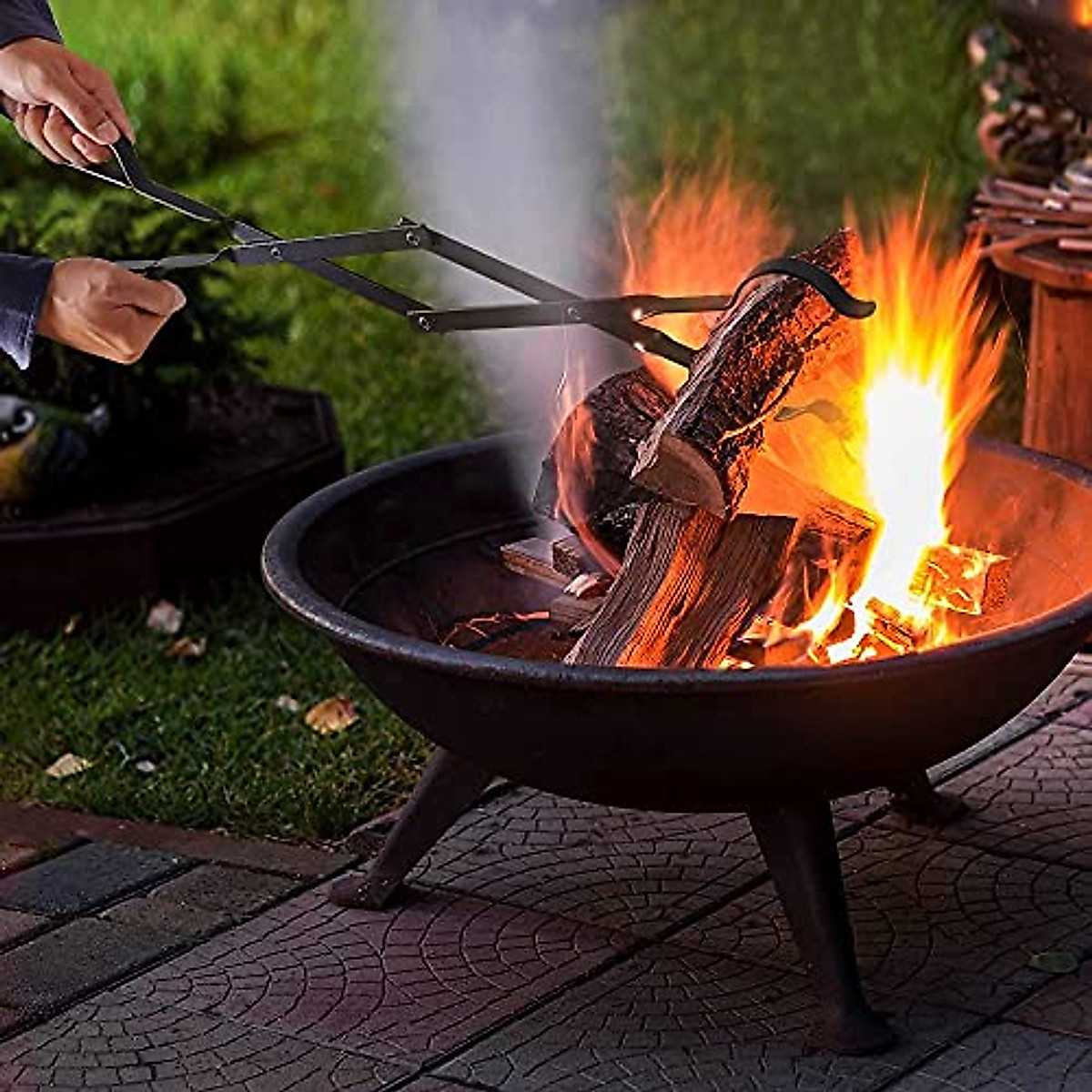AMAGABELI GARDEN & HOME 26" Long Firewood Tongs Log Grabber 0.12 inch Thickness for Fire Pit Campfire Bonfire Fireplace Heavy Duty Wrought Iron Outside Outdoor Indoor Wood Stove Fire Place Tools