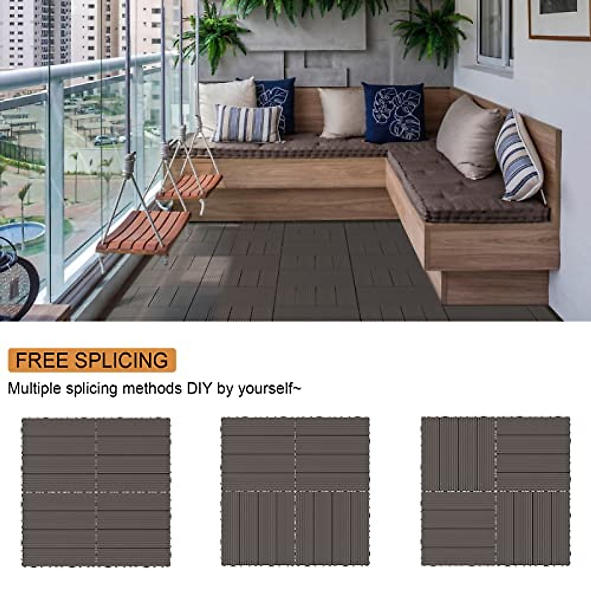Goovilla Wood Plastic Composite Interlocking Patio Deck Tiles 9 Pack (9 sq. ft), 12"x12" Waterproof Indoor Outdoor Flooring All Weather Use, Balcony Floor Covering Tile, Decking Tiles, Dark Coffee