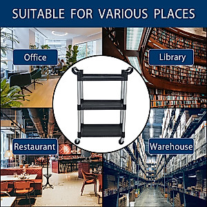 Abacad Plastic Utility Cart with Wheels Lockable, Heavy Duty Restaurant Cart, Service Cart for/Home/Office/Warehouse/Kitchen/Workshop,390 Lbs,2 Handles, Black.