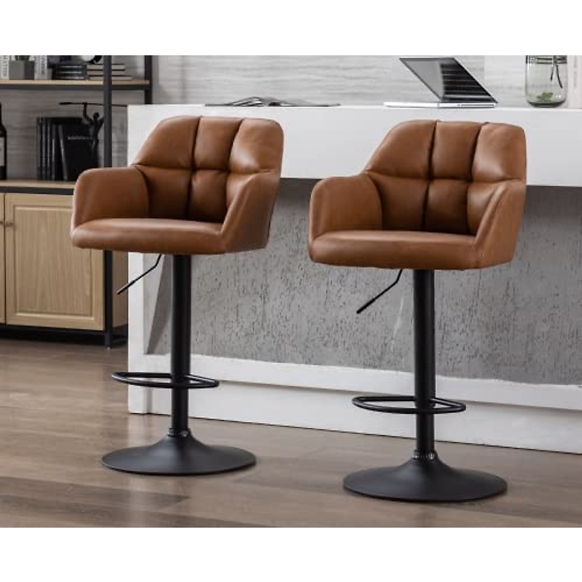 EALSON Modern Swivel Bar Stools Set of 2 Leather Counter Height Barstools with Back and Arms Adjustable Bar Stool Chairs with Metal Base for Kitchen Island/Home Bar/Dining Room, Brown