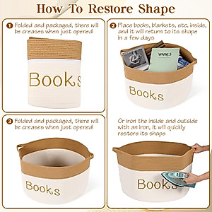 Dandat Cotton Rope Book Storage Basket Embroidered Book Bin 21.7 x 21.7 x 13.8 Inch Large Book Basket with Handles Book Tote Organizer for Nursery, Playroom, Living Room, Classroom