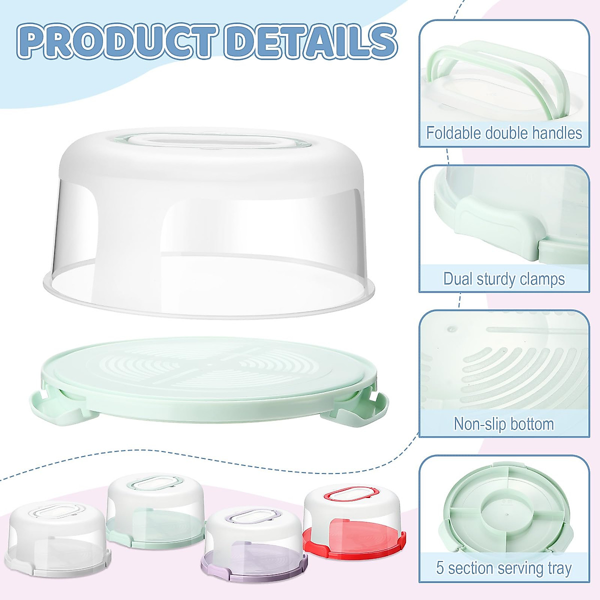 Bokon 4 Pieces Plastic Cake Carrier Large Round Cake Holder Portable Cake Container Serve as Five Section Serving Tray Large Cheesecake Stand with Lid & Handle Fits 10 Inch Cake Pies Dessert