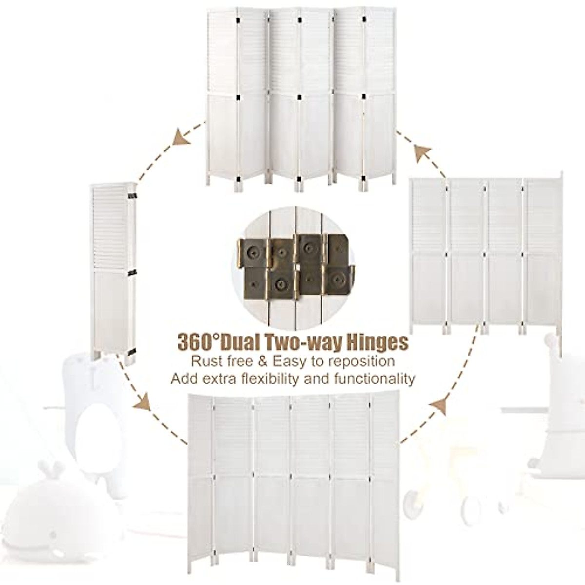 Vicluke 6 Panels Room Divider with 360 Degree Hinges, 5.6 FT Wood Folding Privacy Screen, Freestanding Partition Wall Dividers for Office, Home, Christmas Decor(White)