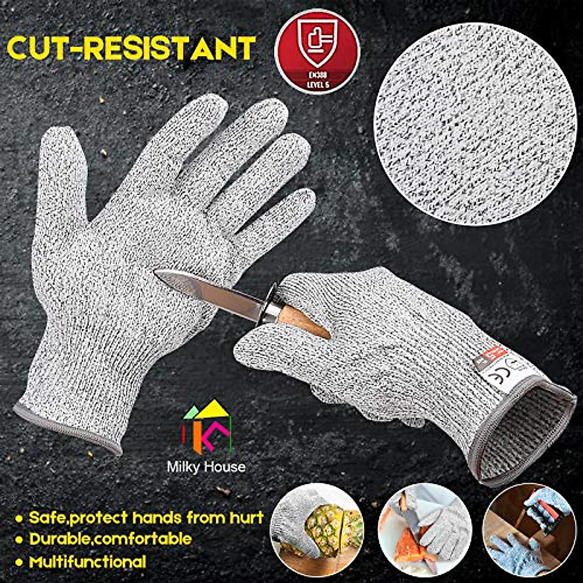 Milky House Oyster Shucking 4 Pieces Set, Oyster Shucker Opener Tool Oyster Shucking Knife with Level 5 Protection Food Grade Cut Resistant Gloves, XL