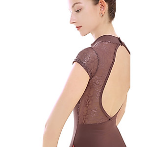 Phoeswan Ballet Leotards Turtleneck Slim Lace Back Brown Nylon Romper Short Sleeve for Women