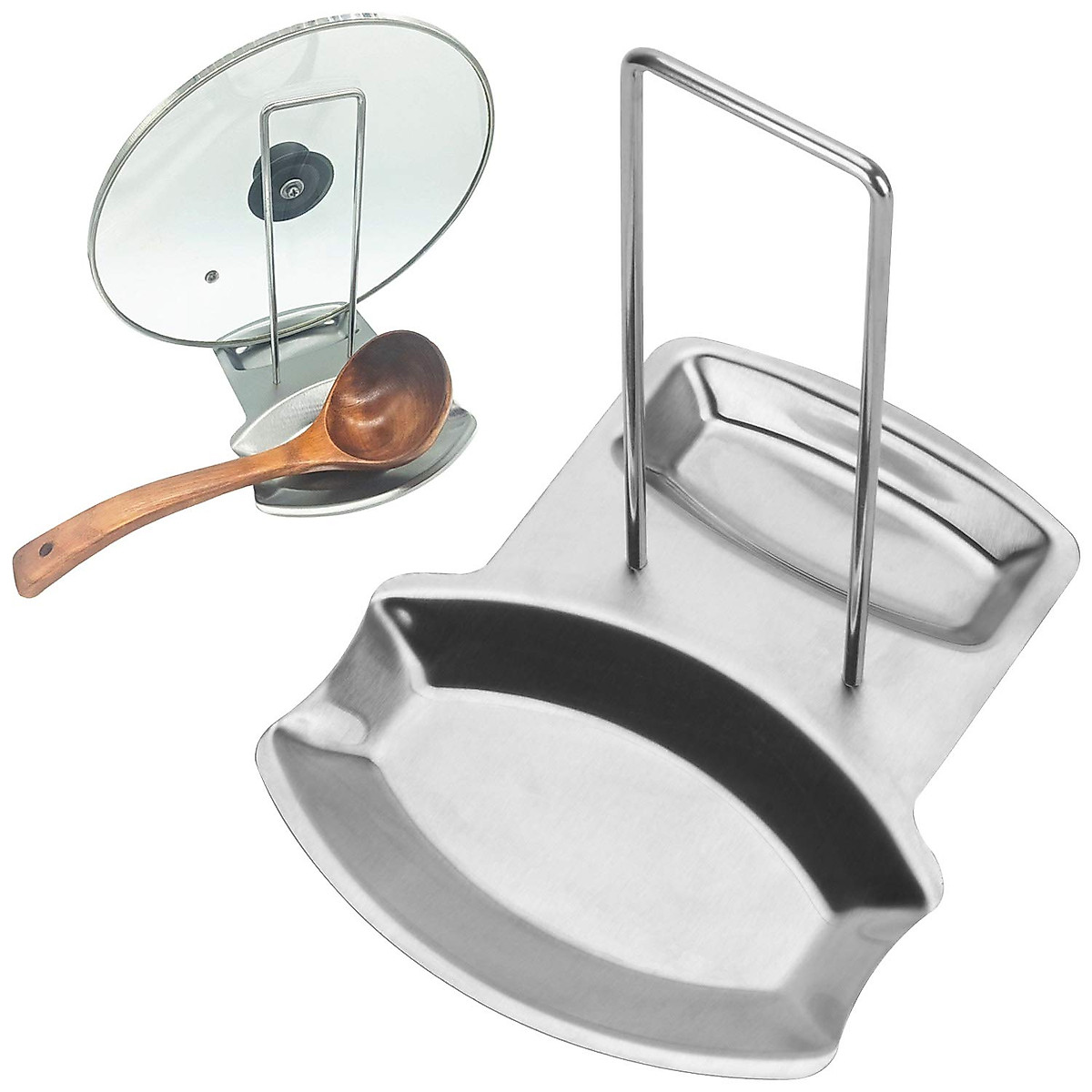 BBDOU Spoon Rest and Pot Lid Holder, Stainless Steel Pan Pot Cover Lid Rack Shelf Stand Holder Spoon Holder Utensil Rest Stove Organizer Storage Soup Spoon Rests Kitchen Tool
