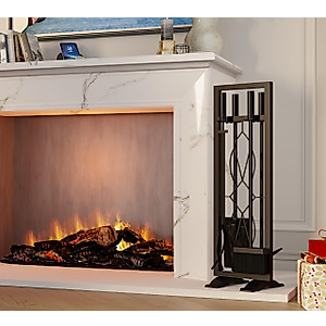 Fire Beauty Fireplace Tools Set 5 Pieces Fireside Accessories Fire Kit Stand Woodstove Tools Holder Wrought Iron Handle Indoor Fireset Stand