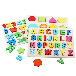 Montessori Wooden Letter Shape Number Puzzle for Toddler 3-5, 3 in 1 Big Numbers Shapes Alphabet ABC Toddlers Puzzles Board, Montessori Preschool Educational Kindergarten Teaching Toy for Boys Girls