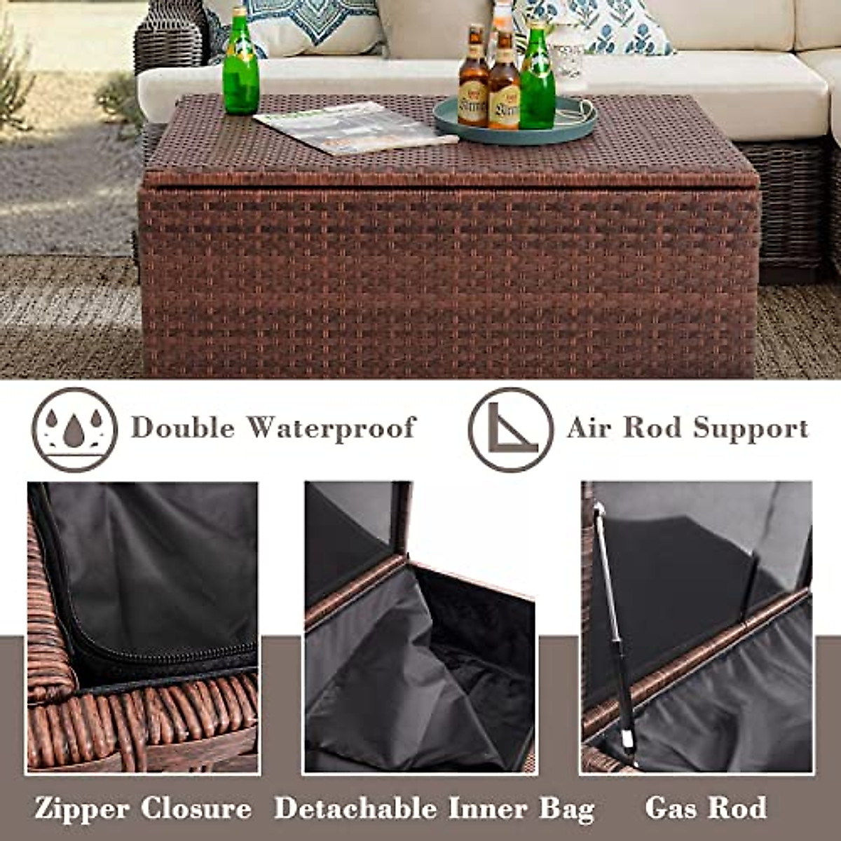 DIMAR GARDEN Outdoor Storage Coffee Table with Waterproof Cover,Patio Wicker Storage Table,42 Gallon Mixed Brown