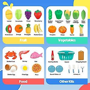 BELLOCHIDDO Kids Play Food - 70PCS Pretend Plastic Fruits & Vegetables & Kitchen Accessories with Basket, Cutting Food Toys for Toddlers - Toy Food Educational Gifts for Girls Boys