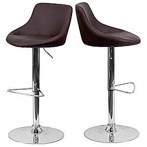 Modern Design Bar Stool Bucket Seat Design Hydraulic Adjustable Height 360-Degree Swivel Seat Sturdy Steel Frame Chrome Base Dining Chair Bar Pub Stool Home Office Furniture - Set of 2 Brown #1985