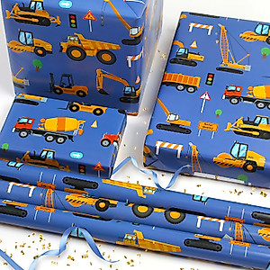Birthday Wrapping Paper Construction Design 6 Sheets,Road Under Construction Excavator Tractor Dump Truck Wrapping Paper for Kids Boys,Folded Flat 20x28 inches per Sheet for Birthday Baby Showers