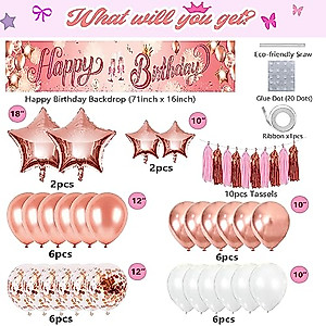 Rose Gold Birthday Party Decorations for Women, Happy Birthday Banner Backdrop, Rose Gold Stars Tassels Balloons Party Decorations Supplies for 16th 21st 30th 40th 50th Birthday Decorations Women Girl