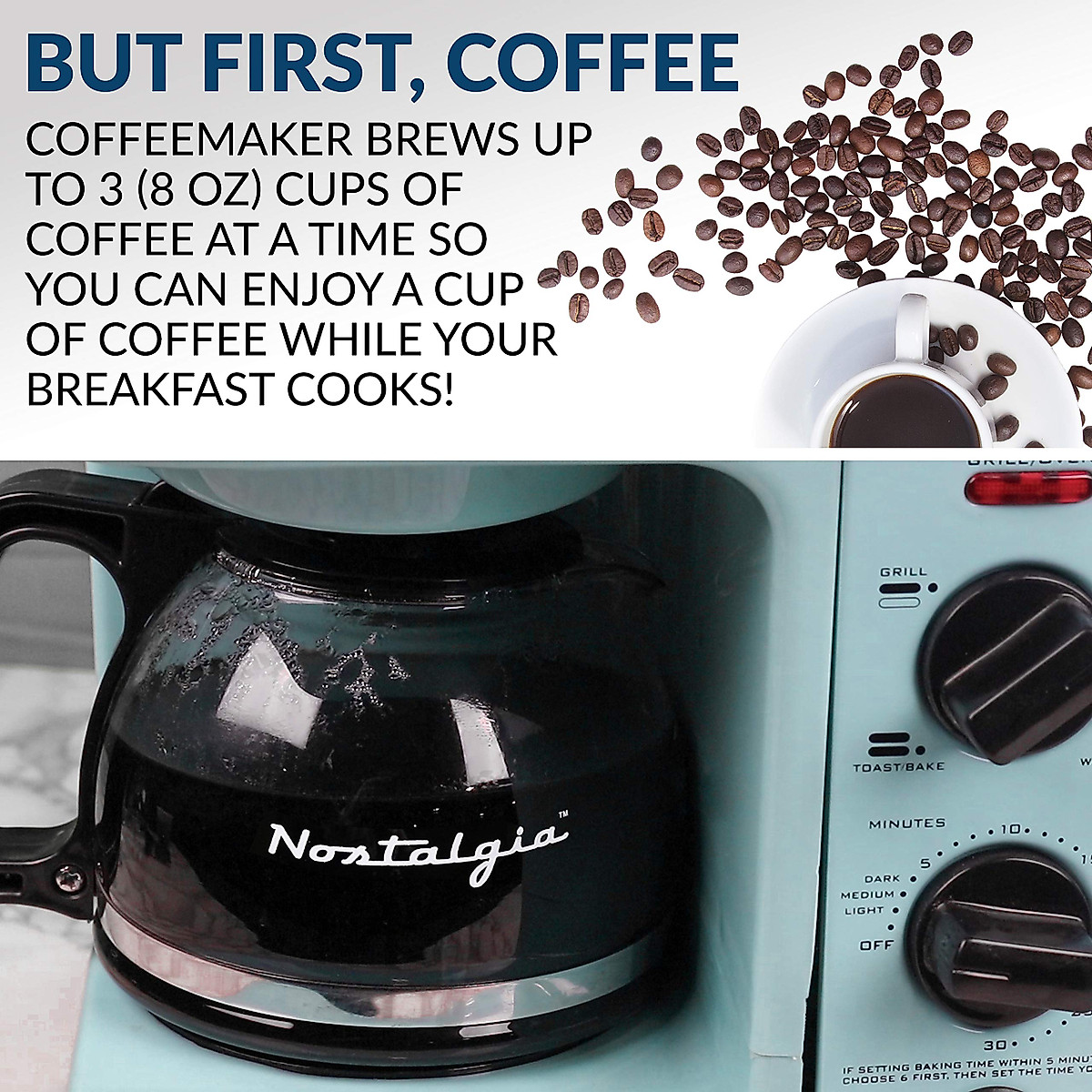 Nostalgia 3-in-1 Breakfast Station with Electric Egg Cooker - Includes Coffee Maker, Griddle, and Toaster Oven