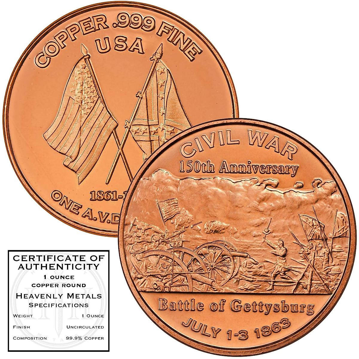 Battle of Gettysburg Civil War Commemorative 1 oz Pure .999 Copper Round Bullion Coin in Capsule - COA by Heavenly Metals