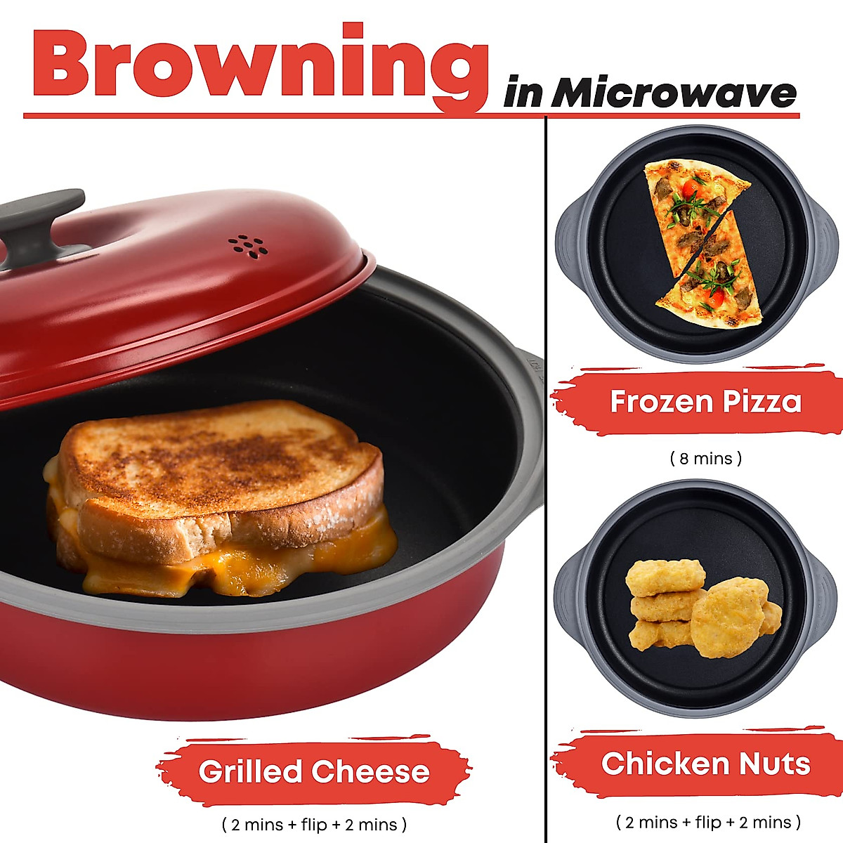 MACONEE Microwave Frying Pan Skillet, Grill & Crisper Pan with Lid Allows You to Fry, Sizzle, and Brown Foods in the Microwave, Micro Cookware for Grilling, Reheating, and Cooking a Variety of Dishes