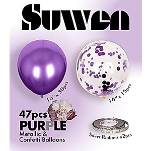 SUWEN Purple Metallic Balloons and Confetti Balloons Set 47PCS Latex Helium Chrome Dark Purple Balloon for Birthday Anniversary Party Decorations