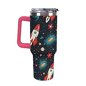 Cartoon Rockets 40 Oz Car Cup Stainless Steel Travel Mug Leak-Proof Insulated Tumbler with Handle Light Rose Red-style